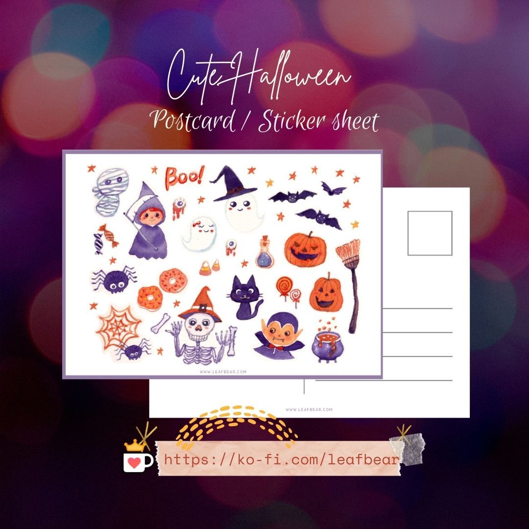 Cute Halloween Sticker Sheet Postcard A6 April Y Leafbear cute-halloween-sticker-sheet-postcard-a6-april-y-leafbear
